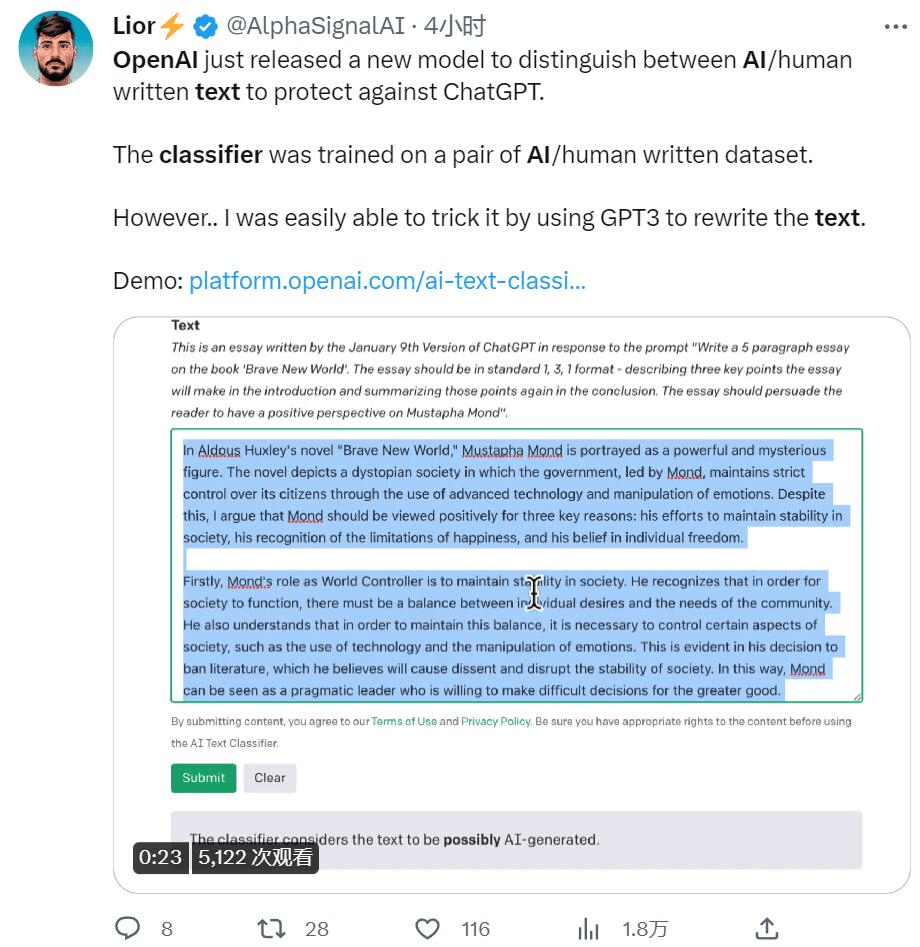 OpenAI官方推出AI生成内容识别器，成功率26％，不如论文查重工具_文本_ChatGPT