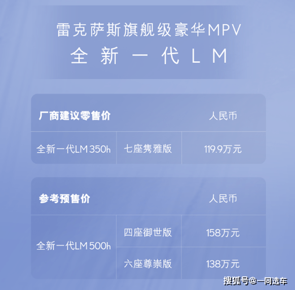 雷克萨斯全新一代LM 350h七座隽雅版上市，售价119.9万元_搜狐汽车_搜狐网