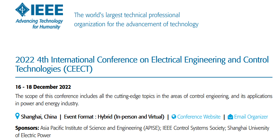 SCI/EI检索，IEEE Xplore收录！上海电力大学诚邀您投稿参加第四届电气工程与控制技术国际会议（CEECT 2022）_中国电源学会_研究_领域