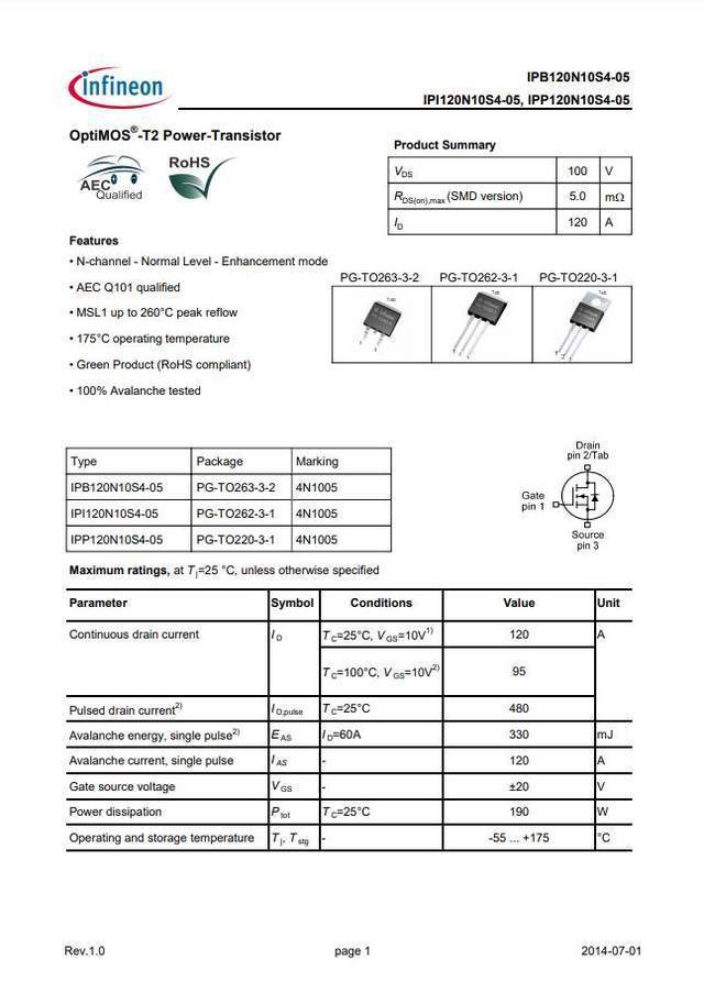 IPB120N10S4-05/英飞凌/现货/20V-650V汽车级MOSFET/太航半导体_搜狐汽车_搜狐网