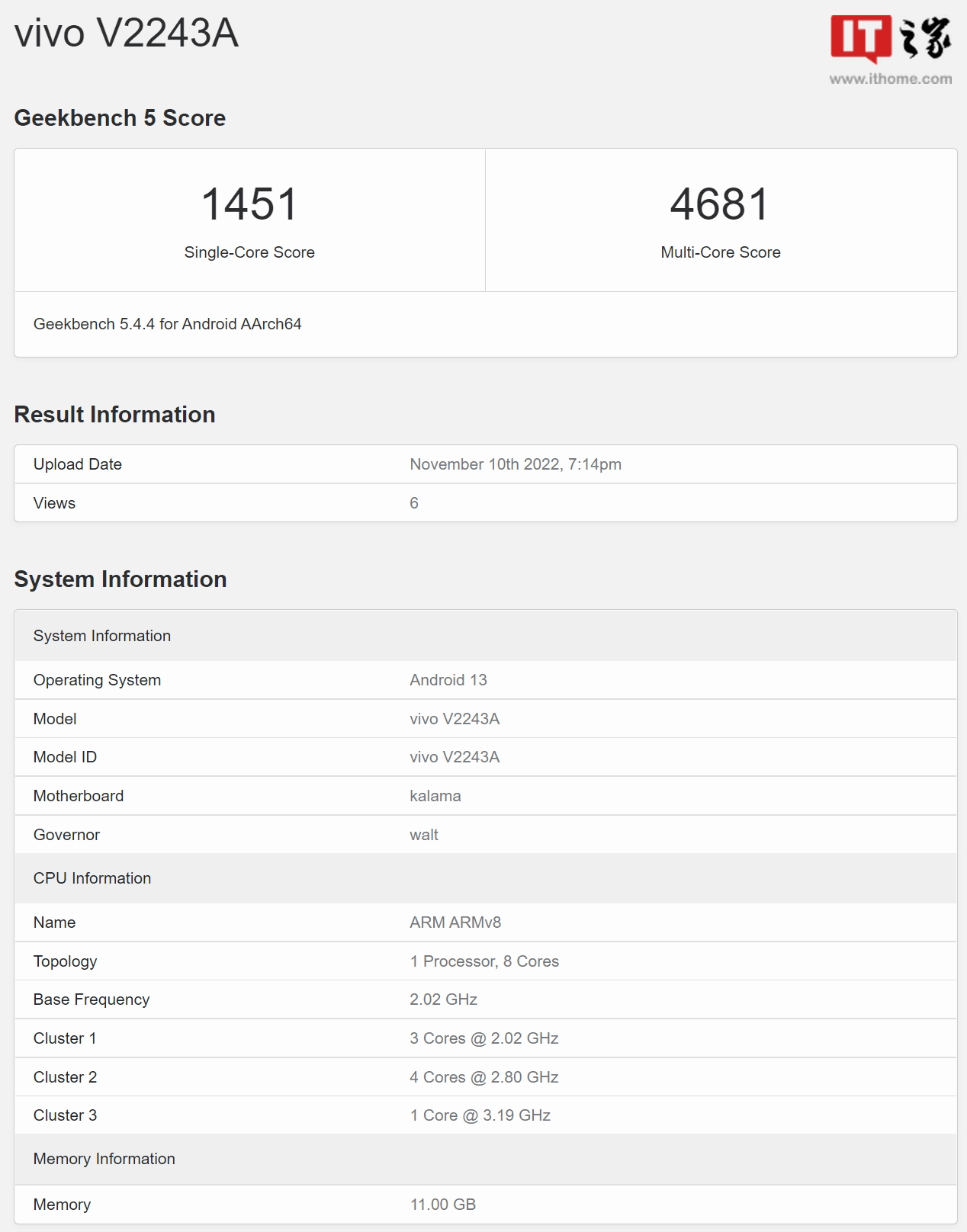 iQOO 11现身Geekbench：搭载骁龙8 Gen 2，单核1451、多核4681_vivo_手机_新机