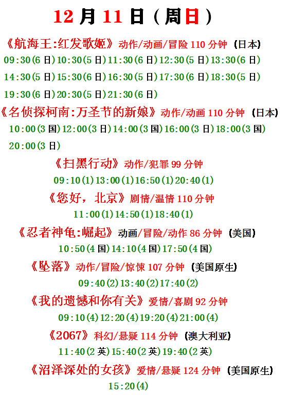 12月11日（星期日） 场次表