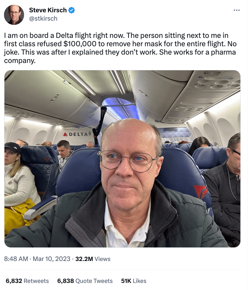 富豪出10W美金，只要邻座女乘客摘口罩？_Kirsch_Steve_美国