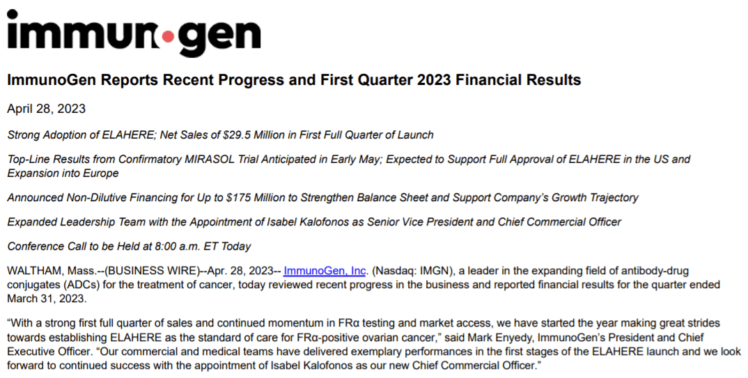 ImmunoGen股价大涨25%：卵巢癌临床需求强劲，FRα ADC上市后放量迅速_Elahere_Mersana_领域