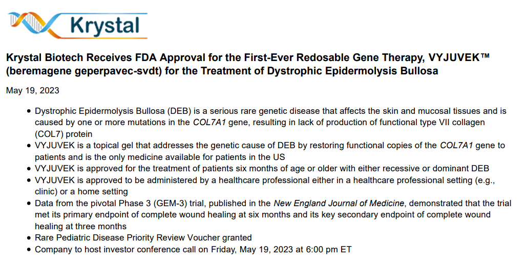 FDA批准首款「蝴蝶宝贝」遗传皮肤病的可重复基因疗法，年治疗费用约63万美元_Krystal_Biotech_患者