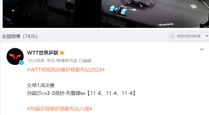 2023WTT常规挑战赛萨格勒布站：孙颖莎3-0战胜对手，晋级女单8强_决赛_世界_布鲁娜