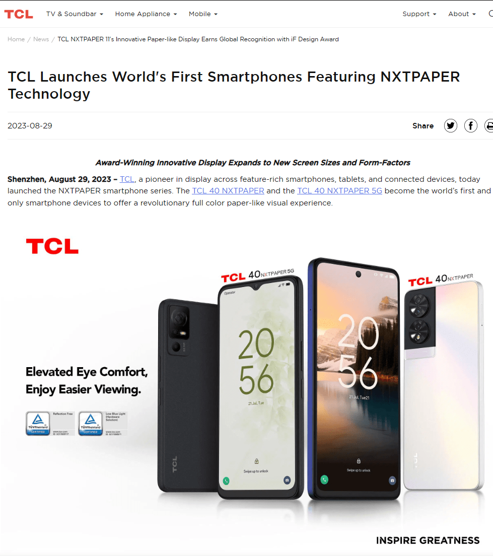 全球首款类纸屏手机 TCL 40 NXTPAPER 发布，售价 199 欧元起_显示屏_技术_搭载